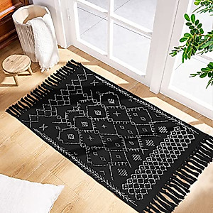 MitoVilla Black Boho Rug 2'x3', Black White Small Boho Bathroom Rug, Farmhouse Kitchen Runner Rugs, Tassel Boho Rug for Bedroom, Washable Bohemian Cotton Linen Throw Rug, Geometric Bath Mat