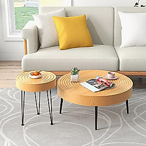 GOFLAME Round Coffee Table Set of 2, Farmhouse Boho End Tables with Natural Finish & Wood Ring Motif, Solid Wood Nesting Side Tables with Metal Legs & Adjustable Foot Pads for Living Room, Bedroom