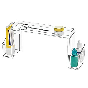 mDesign Small 2-Tier Plastic High-Rise Bathroom Cabinet Organizer - Vitamin Bottle, Medicine, Makeup Storage Shelf for Sink, Counter, and Vanity - Perfect for Hair Product Organization - 2 Pack, Clear