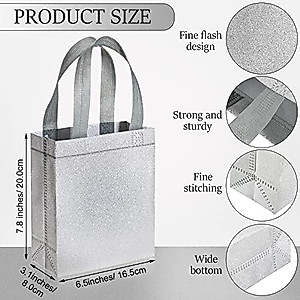 Woanger 48 Pack Christmas Reusable Gift Bags Metallic Tote with Handles Glitter Gift Bags Bling Non Woven Bags for Wedding Birthday Bridesmaid (Silver, 6.5 x 3.1 x 7.8 Inch)