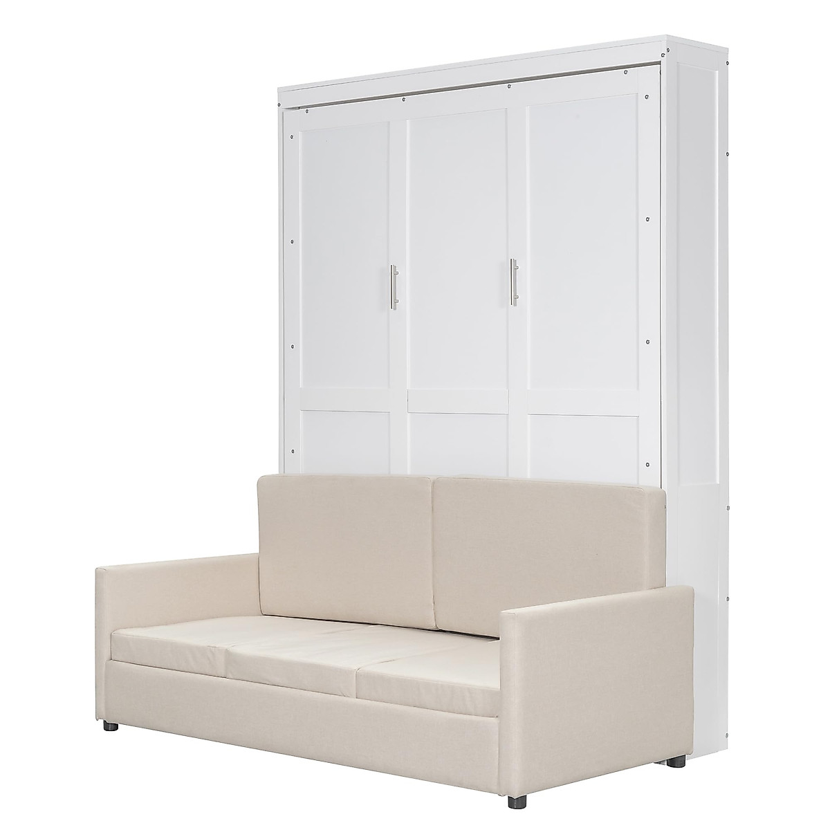 LZ LEISURE ZONE Queen Size Murphy Bed, Wooden Queen Murphy Bed with Cushion, Wall Bed with Sofa for Home Office or Small Room, White