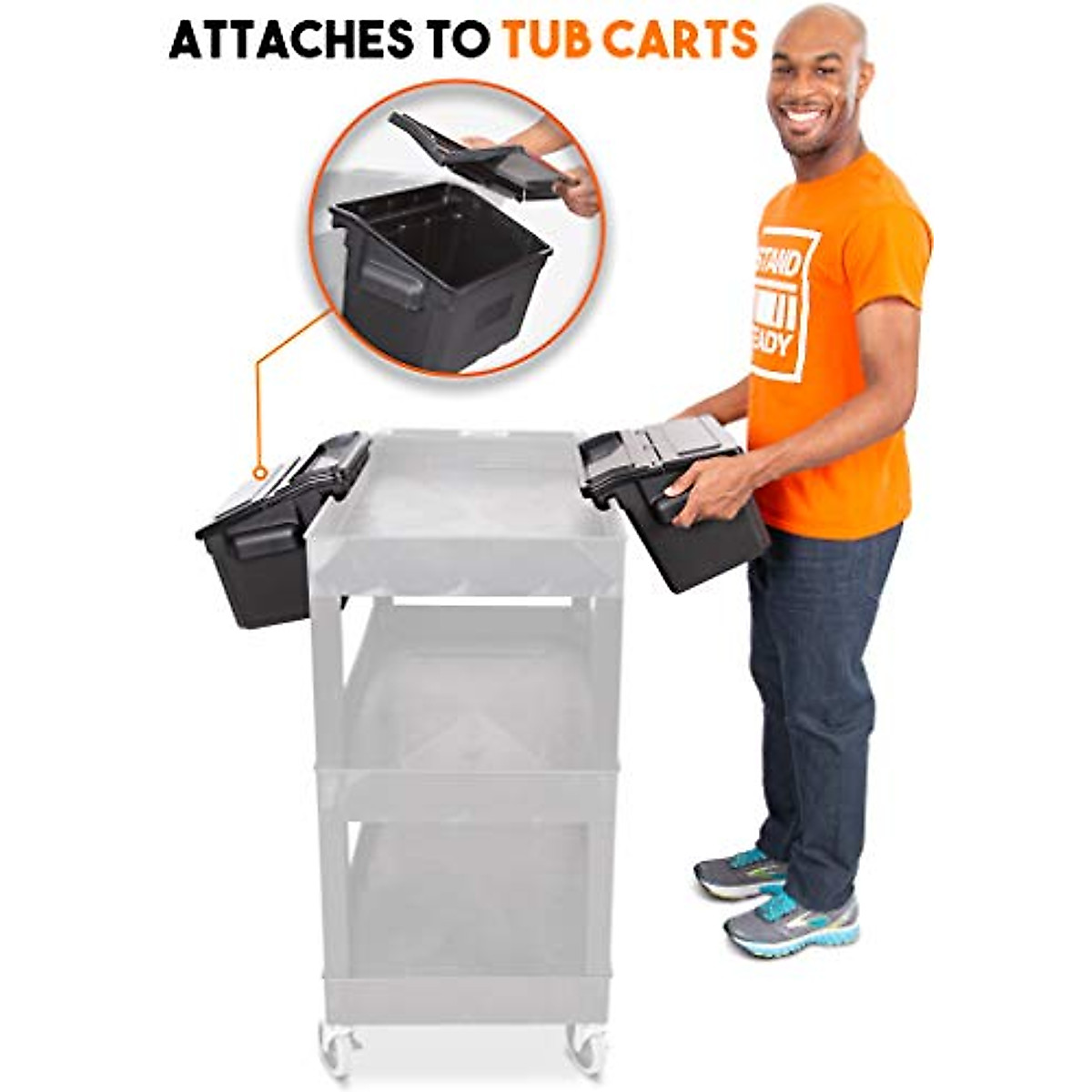 Tubstr Storage Bins for Utility Carts | 2 Attachable Plastic Tubs w/Removable Lids | 3 Gallon Bins Fit Most Utility Tub Carts | Easy Removable Storage for Tools & Supplies (Black /2-Pack/Bins Only)
