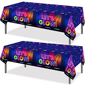 Tegeme 2 Pieces Glow Tablecloth 86 x 51 Inch Glow in The Dark Tablecloth Disposable Tablecloths for Glow Theme Neon Party Black Light Party Supplies