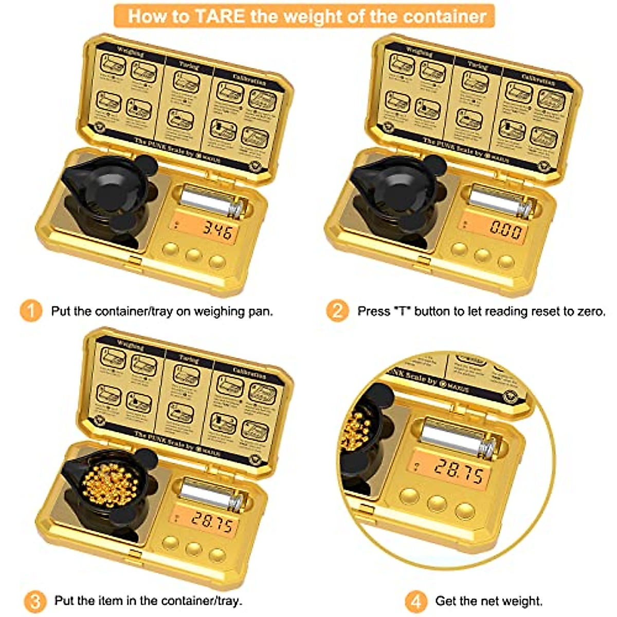 MAXUS Steampunk Digital Scale 200g x 0.01g Precision with 50g Calibration Weight. Golden, Skull-Embossed, Backlit LCD, Stainless Steel Platform for Food or Items.