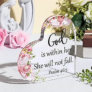 Christian Gifts for Women Inspirational Religious Gifts for Her Bible Verse Desk Decor God Is Within Her She Will Not Fall Acrylic Motivational Birthday Gift for Mom Sister Friend Coworker (Floral)