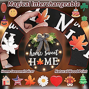 Interchangeable Welcome Sign for Front Door with 14 Changeable Icons, Farmhouse Front Porch Decor Rustic Wooden Wall Sign with 12 LED Lights, Outdoor Seasonal Welcome Home Decorations (Black1)