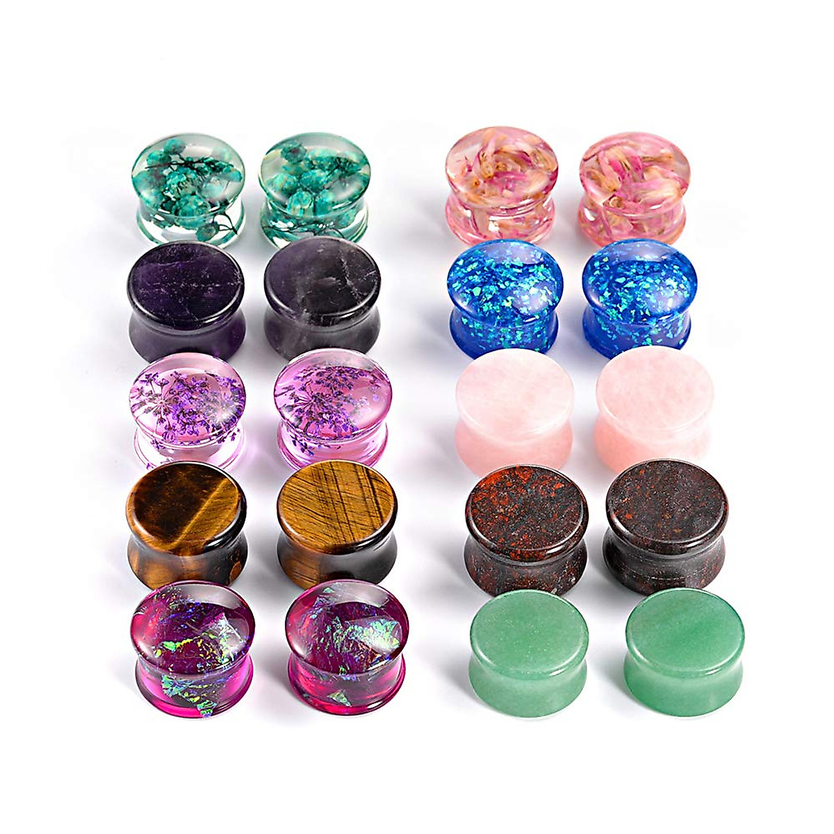 TBOSEN Set Of 10 Pairs Mixed Stone Ear Plugs Ear Gauges Ear Tunnels Double Flare Plugs Expander Body Piercing Jewelry 0g-5/8 in 8mm-16mm 0g