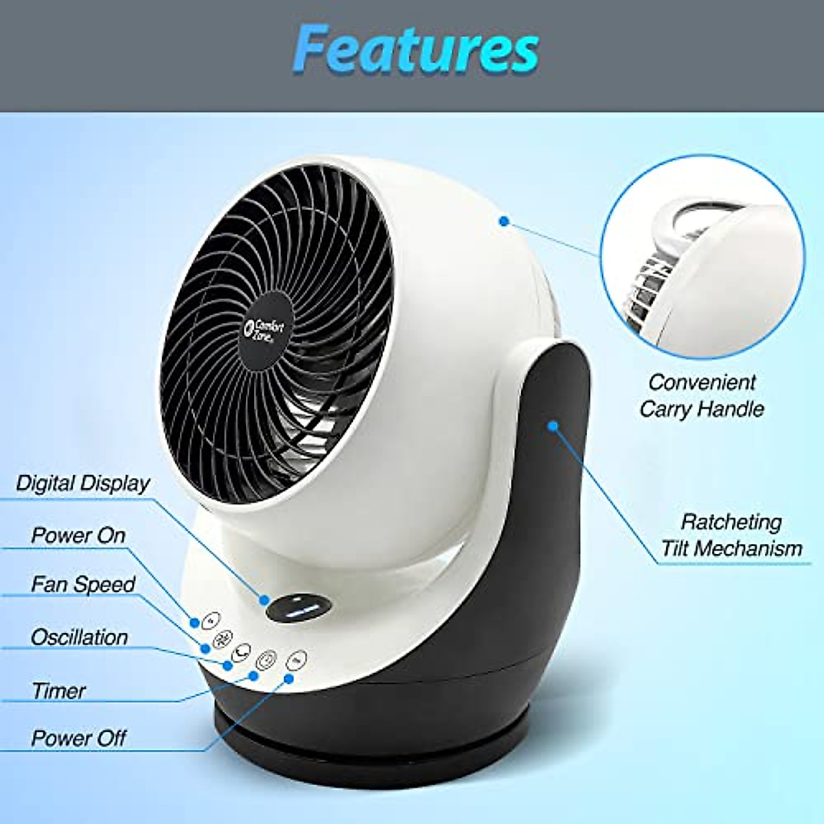 Comfort Zone CZHV82TWT 8" 3-Speed Oscillating with Remote Control, Electronic Controls, 90-Degree Tilt, 8-Hour Timer, White