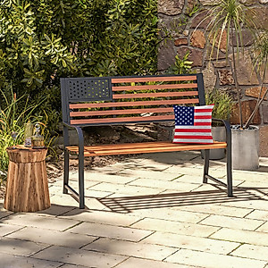 Giantex Outdoor Bench, 2-Person Metal Garden Bench with American Flag Backrest, Curved Armrests & Slatted Seat, 660 Lbs Capacity, Outdoor Bench for Lawn, Porch, Yard, Park Bench