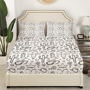 Western Cowboy Kids Fitted Sheet Twin Size,Cow Skull Horseshoe Cactus Rustic Bedding Set,Boys Girls Adults Bedroom Decor,Cowboy Boot Hat Farmhouse Bed Cover,Retro Bed Sheet,1 Pillowcase（No Flat Sheet）