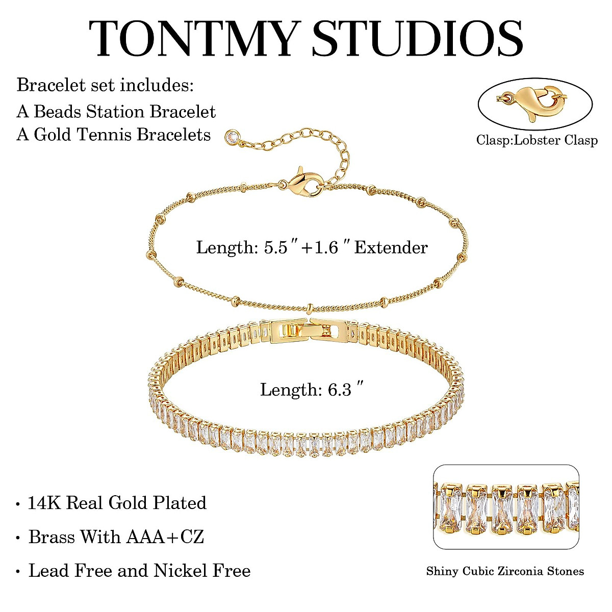 TONTMY STUDIOS Bracelet for Women Gold Layered Set Tennis CZ 2 Layer Bracelets 14K Gold Filled Simple Dainty Satellite Chain Everyday Minimalist Bracelet Jewelry