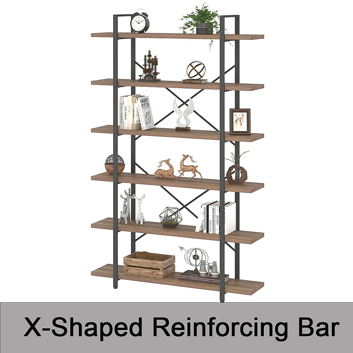 HSH Tall Bookcases and Book Shelves 6 Shelf, Metal Wooden Book Shelf and Storage Rack, Modern Etagere 6 Tier Bookshelf, Farmhouse Large Display Bookshelves for Bedroom Living Room Office, Rustic Oak