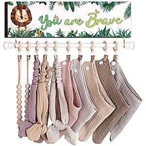 POVETIRE Pacifier Clip Holder Baby Bibs Organizer, Neutral Baby Bandana Drool Bibs Holder - Baby Burp Cloths Organizer Storage Hanging Wall Decor for Nursery Newborn Infant Girls and Boys Room