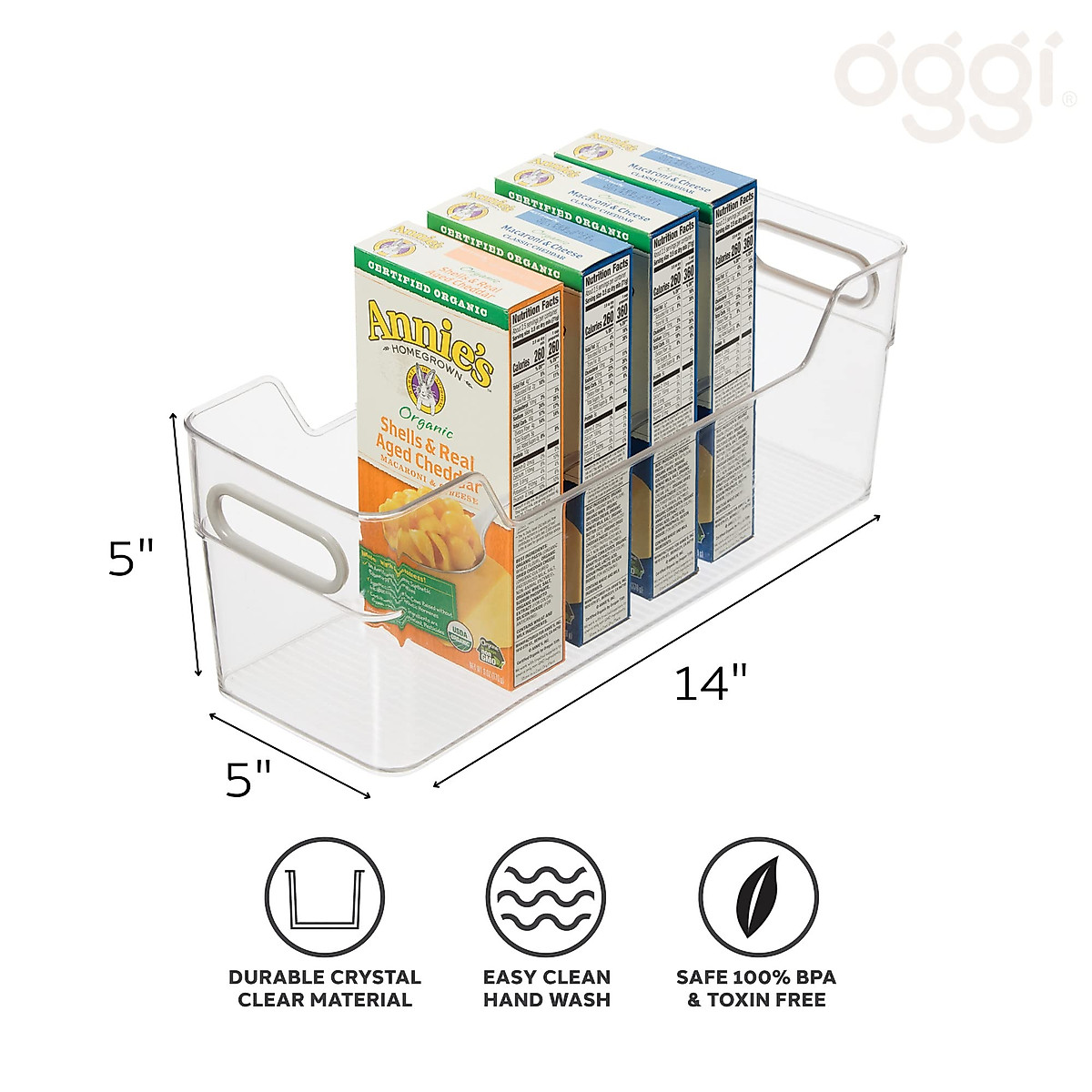 Oggi Cabinet/Drawer High Wall Storage Bin - 14" x 5", Clear/Gray, Ideal for Kitchen Organization, Pantry Storage, Fridge Organizing - Set of 6