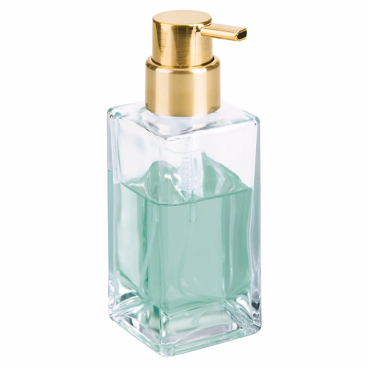 mDesign Modern Square Glass Refillable Foaming Hand Soap Dispenser Pump Bottle for Bathroom Vanities or Kitchen Sink, Countertops - Clear/Soft Brass