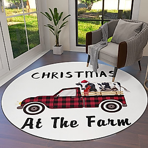 Round Area Rugs Collection 3', Christmas Truck and Cow Non Slip Indoor Circular Throw Runner Rug Floor Mat Carpet for Living Room Dining Table Bedroom Nursery Decor Vintage Retro Red Plaid