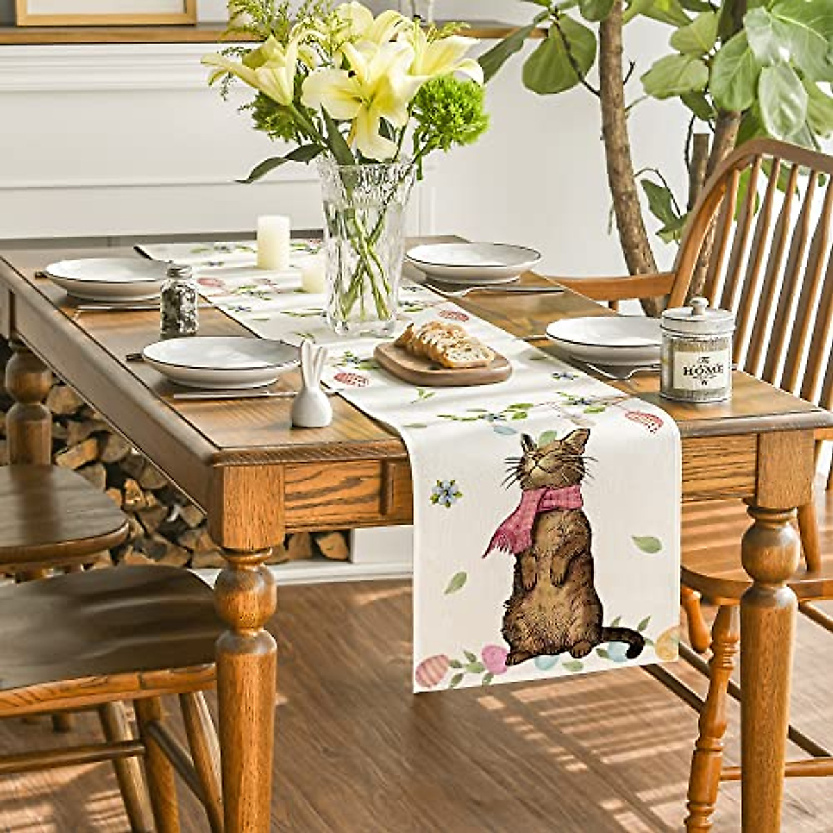 Artoid Mode Cat Branches Leaves Heart Eggs Easter Table Runner, Spring Summer Seasonal Holiday Kitchen Dining Table Decoration for Indoor Outdoor Home Party Decor 13 x 72 Inch
