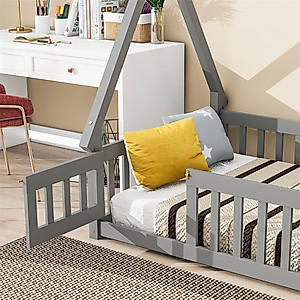 TURRIDU Twin Tent-Shaped Solid Wood Bed with Door & Guardrails,Montessori Floor Bed Frame with Wood Slat Support, Grey Teepee Bed for Toddlers Boys Girls, No Box Spring Needed