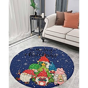 Winter Gnomes Fluffy Round Area Rug Carpets 3ft, Plush Shaggy Carpet Soft Circular Rugs, Non-Slip Fuzzy Accent Floor Mat for Living Room Bedroom Nursery Home Decor Christmas Snowflake Flower Navy Blue