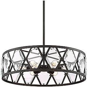 Regency Hill Lexington Black Pendant Chandelier 26" Wide Rustic Industrial Clear Crystal Glass Drum Shade 6-Light Fixture Dining Room House Foyer Entryway Kitchen Bedroom Living Room