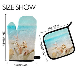 Conch Starfishs Seashells Sand Oven Mitts and Pot Holders Sets Summer Holiday Hot Pads Heat Resistant Cooking Gloves Handling Kitchen Cookware Bakeware BBQ