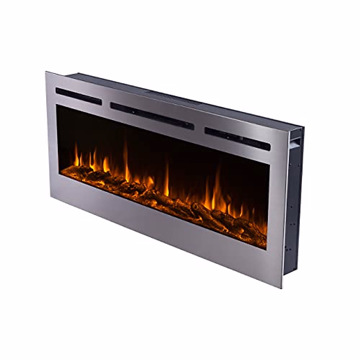 The Sideline Deluxe™ by Touchstone - Stainless Steel Electric Fireplace - 50 Inch Wide - in Wall Recessed - 5 Flame Settings - Multiple Color Flame - 1500W Heater - Log & Crystal Hearth Options- 86273