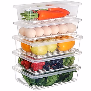 Frcctre Set of 5 Fridge Produce Saver Food Storage Containers Stackable Refrigerator Organizer Bins with Removable Drain Plate and Lid to Keep Produce Fruits Vegetables Meat Egg Fish, 2 Sizes