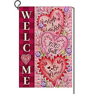 Baccessor Valentine's Day Welcome Garden Flag Double Sided Tulips Hugs Kisses Be Mine Love Heart Burlap Flag 12.5x18 inch Spring Seasonal Holiday Yard Outdoor Decoration
