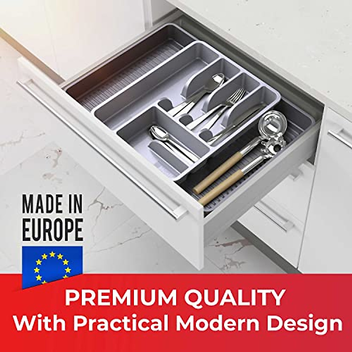 Mueller Large Flatware Kitchen Drawer Organizer, Expandable 19.7" x 15" Silverware Organizer, 6 Compartments, Heavy-Duty, Cutlery Tray for Utensils or Stuff, Dining Room, Living Room, Grey