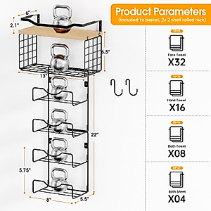Towel Racks for Bathroom,Towel Rack Wall Mounted, 6 Tier Rolled Or Folded Towel Holder with Floating Shelves, Bathroom Towel Holder for Bath, Hand Towels,Metal,Walnut Wood Panel