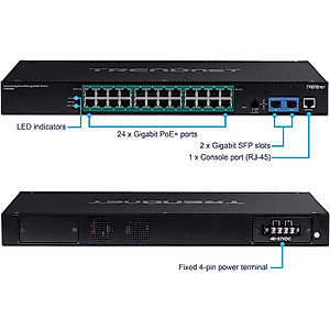 TRENDnet 26-Port Industrial Gigabit L2 Managed PoE+ Switch, TI-RP262i, 1U 19” Rackmount, 24 x Gigabit PoE+ Ports, 2 x SFP Slots (100/1000Base-FX), IP30, VLAN, QoS, 685W PoE Power Budget, Fanless