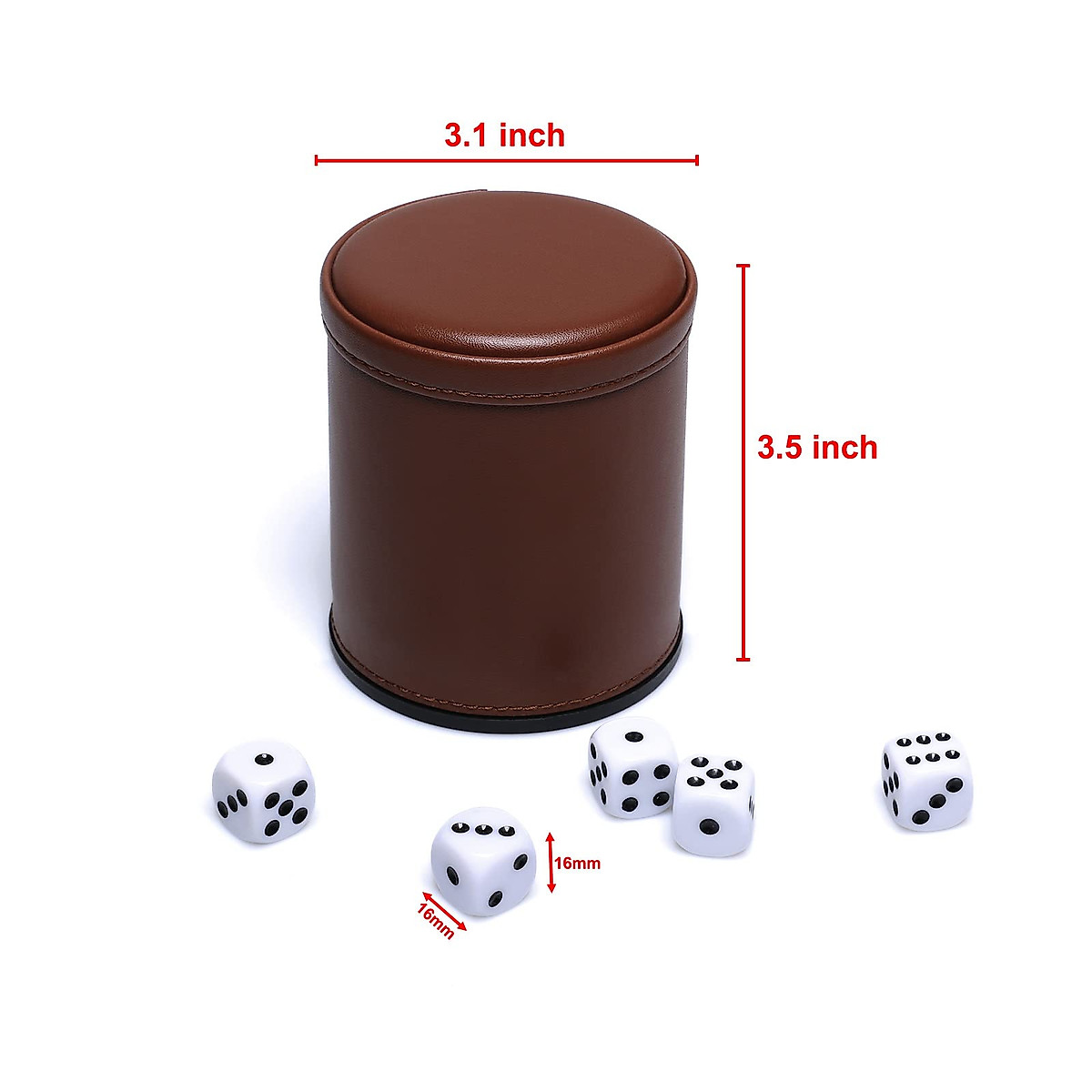 5 Pack PU Leather Dice Cups Felt Lining Quiet Shaker with 30 Dot Dice for Bar Party Yahtzee Farkle Dice Games