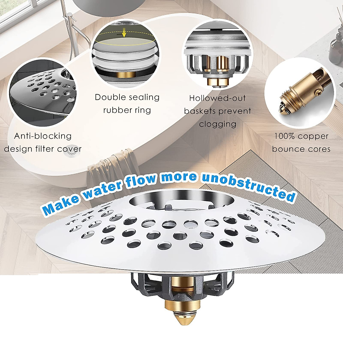 Universal Bathtub Stopper for 1.3-1.6”, Tub Drain Stoppers with Shower Drain Hair Catcher, Upgraded Brass Bathroom Basin Pop-Up Bath Tub Stopper Drain Cover Plug, Anti Clogging Bathroom Drain Strainer