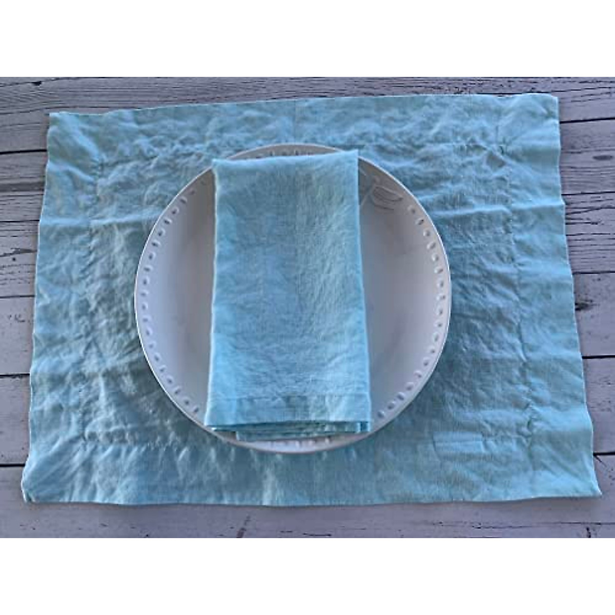 Eight Owls Stonewashed Linen Placemats – 15” x 20”– Set of 4-100% Pure Linen Cloth - Mitered Corners – 2" Hem – Coast (Aqua Lagoon)