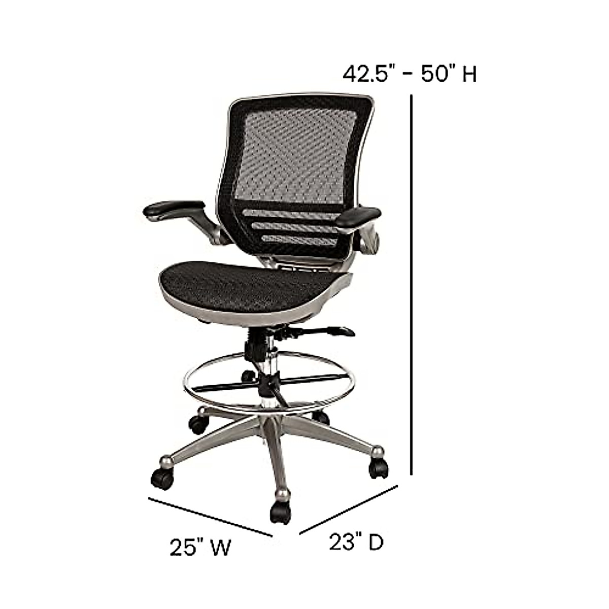 Flash Furniture Mid-Back Transparent Black Mesh Drafting Chair with Graphite Silver Frame and Flip-Up Arms