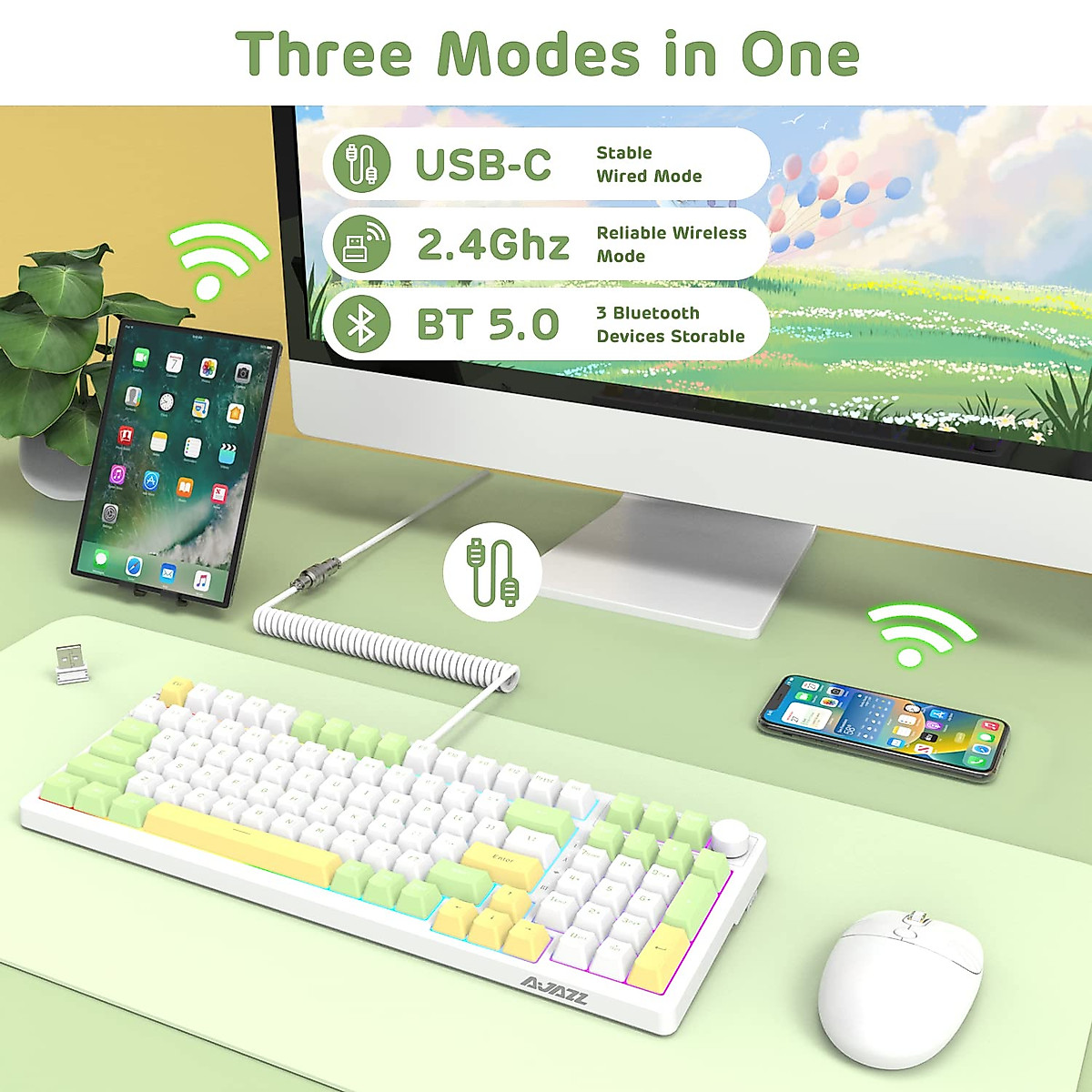 AJAZZ 99 Keys Wireless Mechanical Keyboard with Coiled Cable, Bluetooth5.0/2.4G/Wired Gaming Keyboard, RGB Hot Swappable Blue Switch Keyboard with Knob Control, PBT Keycaps,Gasket Mounted for PC/Mac