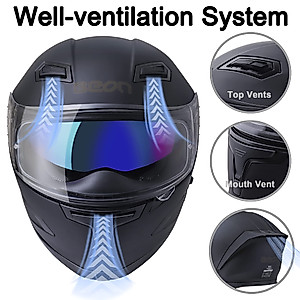 BEON Full Face Motorcycle Helmet, Street Bike Helmet with Clear&Tinted Visors and Multiple Vents, Motocross Casco DOT Approved for Adult Men Women, S-XL (M, Matte Black)