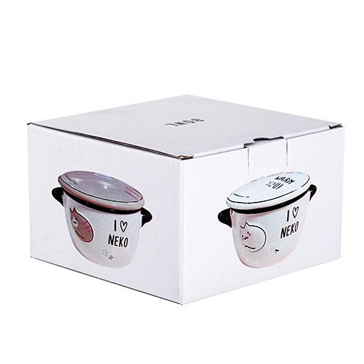 White and Brown Ceramic Japanese Bowl with Lid and Mini Handles, Neko Lucky Cat Microwavable Dish for Noodles and Rice, 5 3/4 Inches