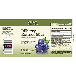 GNC Herbal Plus Bilberry Extract 60mg, 100 Capsules, Supports Eye Health