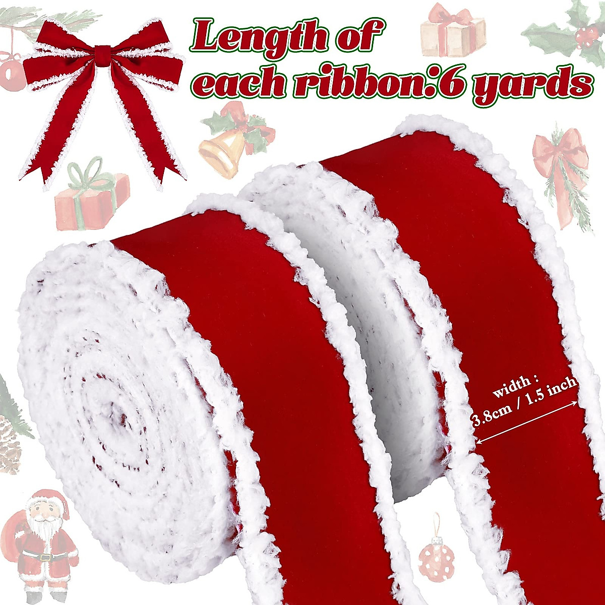 2 Rolls Christmas Velvet Decorative Ribbons - Craft DIY Ribbons with Wire Edge for Christmas & Holiday Decoration (Red, 1.5 Inch x 12 Yard)