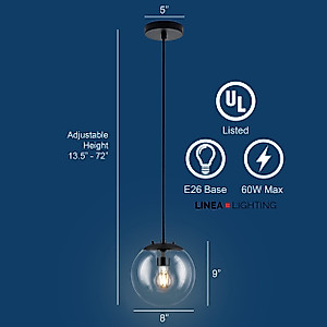 Linea di Liara Sferra Modern Large Glass Pendant Light Kitchen Island Black Pendant Lighting Clear Glass Globe Pendant Light Mid Century Hanging Light Fixture, LED Edison Bulb Included, UL Listed