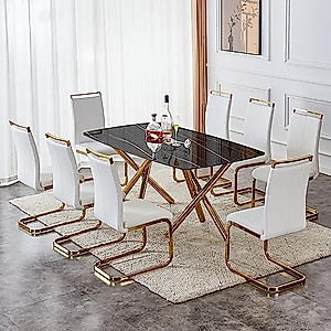 71’’ Modern Glass Dining Table for 8, Large Rectangular Dining Room Table with Golden Metal Legs, Minimalist Kitchen Table for Restaurant, Meeting Room, Imitation Marble Black Desktop