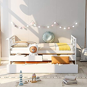 OYN Wooden Twin Multi-Functional Daybed Frame Set with X Headboard,Storage Drawers and Trundle for Children Teen Boys and Girls, White