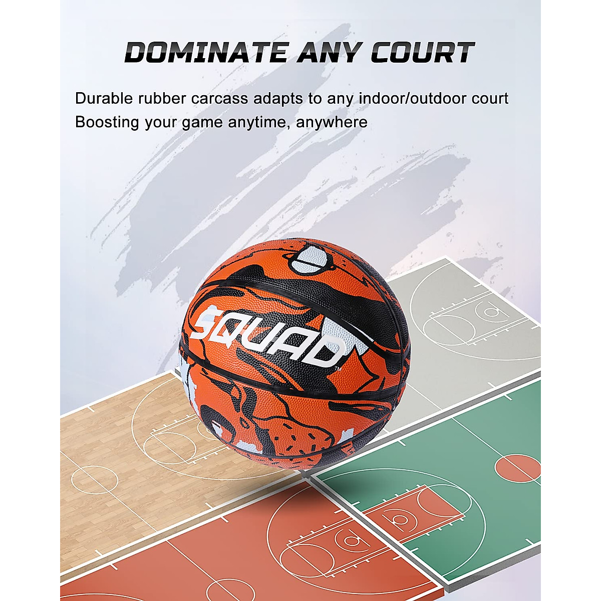 SQUAD Graffiti Basketball Size 7 (29.5"), Durable Rubber Basketball Ball for Indoor & Outdoor Play, includes Pump & Mesh Bag