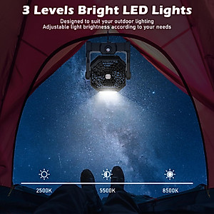 Camping Fan Rechargeable, 10400mAh Portable Battery Operated Camping Fan for Tents, Hangable USB Silent Camping Fans with LED Lantern, Suitable for Fishing, Camping, Bedroom, Workplace (Orange)