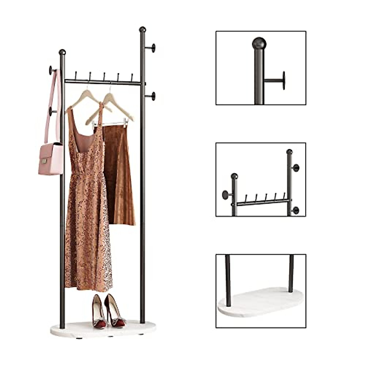 DR.IRON Black Clothing Racks with Marble Base Modern Coat Racks Freestanding Black Clothes Rack with Shelves for Bedroom Heavy Duty Garment Racks in Hallway, Entryway