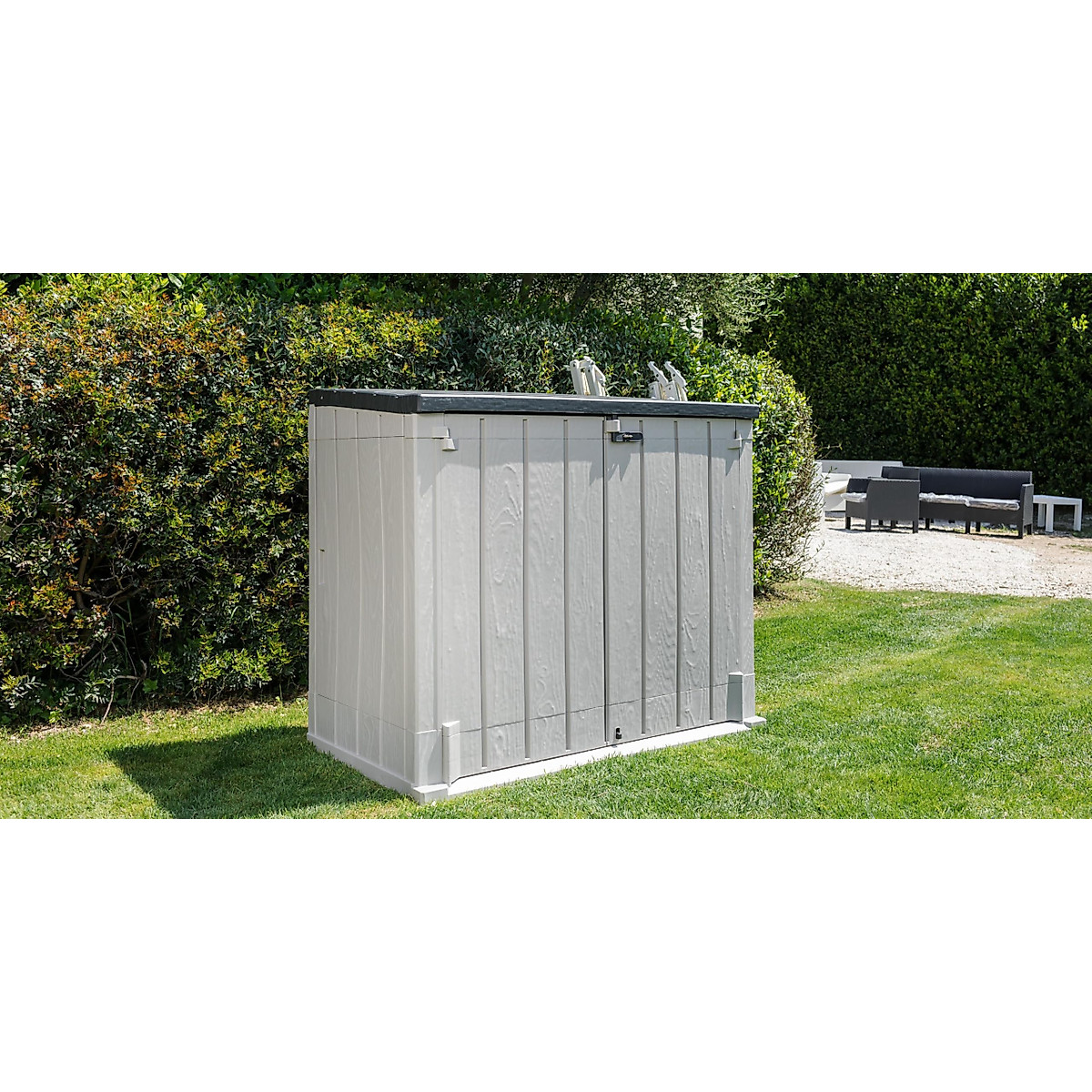 Toomax Stora Way All Weather Outdoor XL Horizontal Storage Shed Cabinet for Trash Can, Garden Tools, and Yard Equipment, Taupe Gray and Anthracite