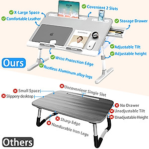 Laptop Desk for Bed, Leather X-Large Adjustable Laptop Stand for Bed, Foldable Laptop Lap Desk for Bed Couch Floor Writing Eating Working with Drawer 2 Movable Stoppers (23.6 inch, Grey)
