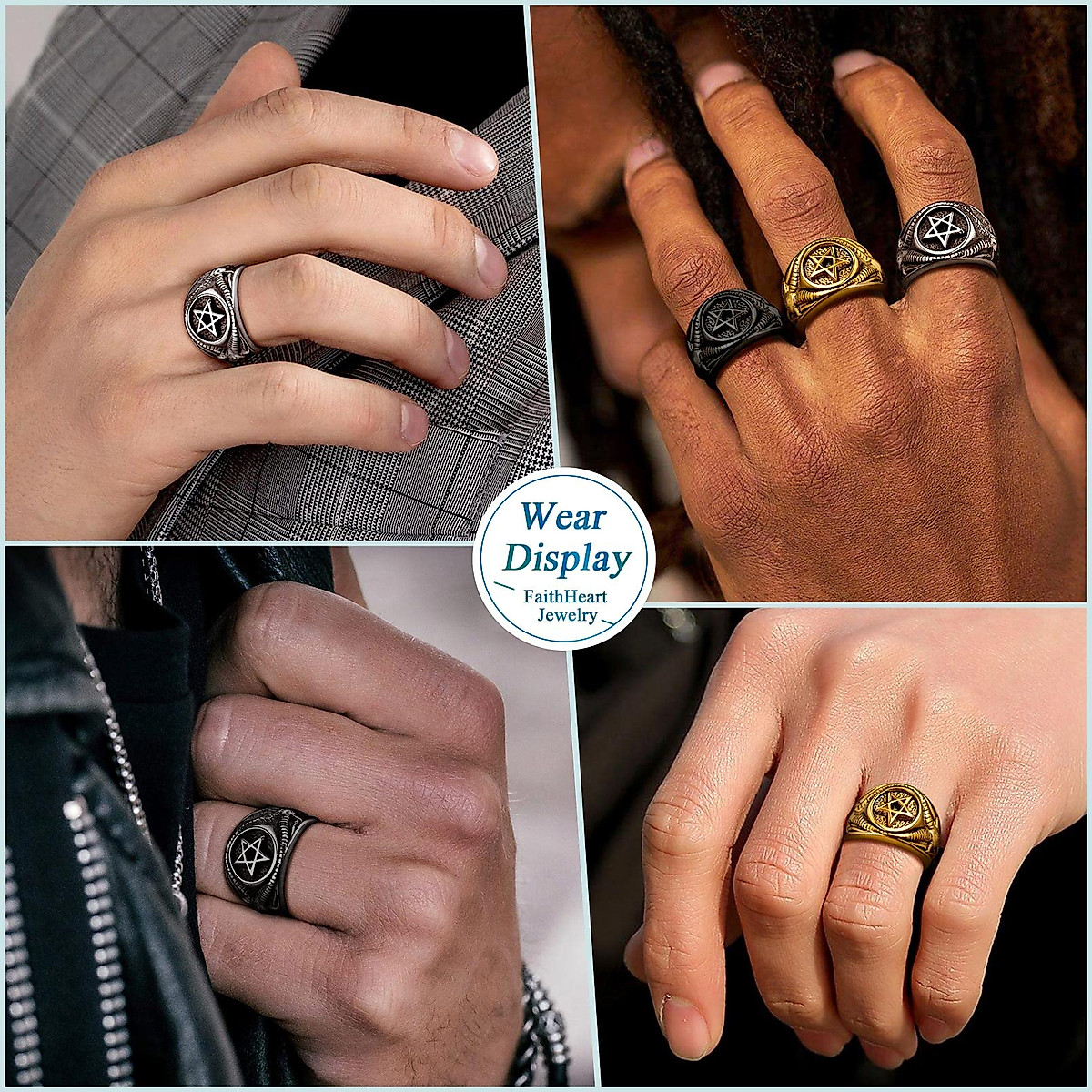 Baphomet Goat Biker Signet Rings Women Black Stainless Steel Satan Inverted Pentacle Pinky Finger Jewelry