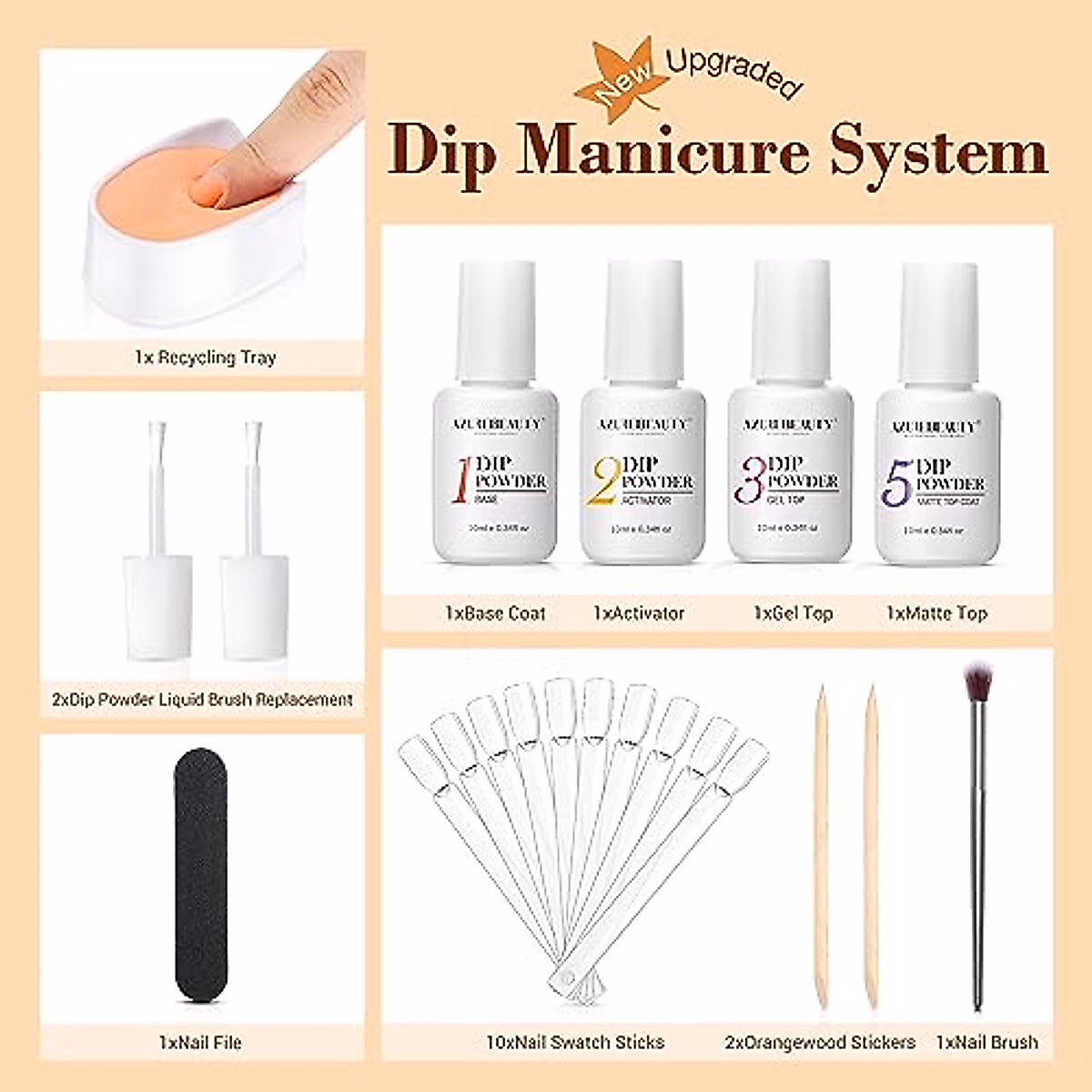 AZUREBEAUTY Dip Nails Powder Starter Kit, Maple Grey Sage Green Dark 8 Colors Set with Nail Swatch Sticks, Fall Nail Art Base Glossy/Matte Top Coat Activator Essential Liquid Manicure DIY Salon 30 PCS